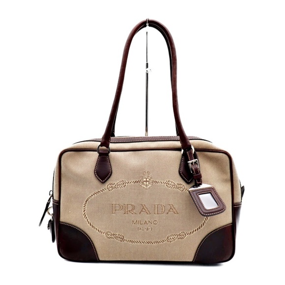 Prada | Bags | Prada Logo Mini Jacquard Boston Bag Beige Brown | Poshmark